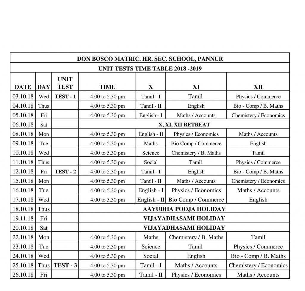 UNIT TESTS TIME TABLE 2018 -2019 – Don Bosco Matric Hr Sec School,Pannur