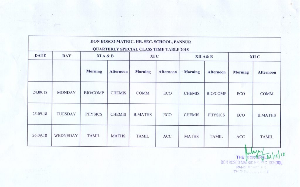 QUARTERLY SPECIAL CLASS TIME TABLE 2018 – Don Bosco Matric Hr Sec ...