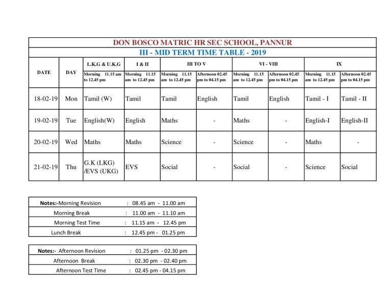III – MID TERM TIME TABLE – 2019 – Don Bosco Matric Hr Sec School,Pannur