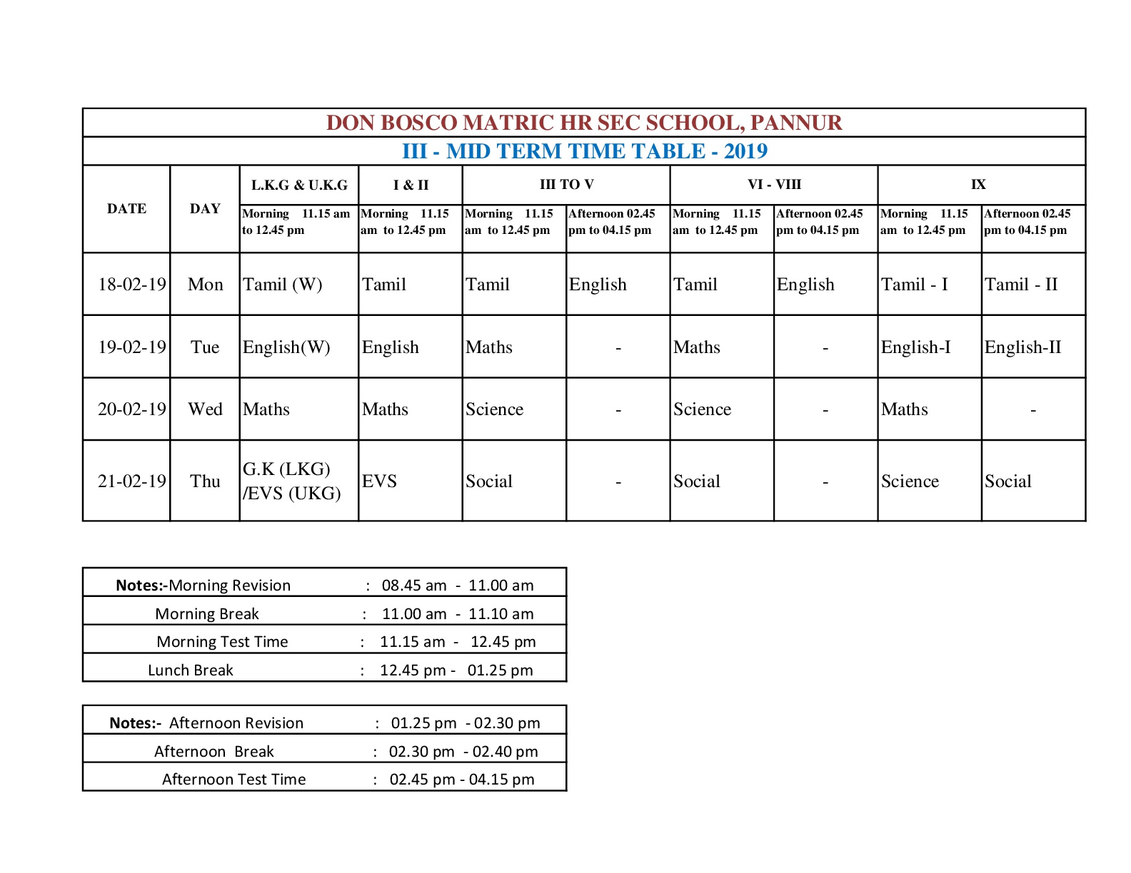 III – MID TERM TIME TABLE – 2019 – Don Bosco Matric Hr Sec School,Pannur