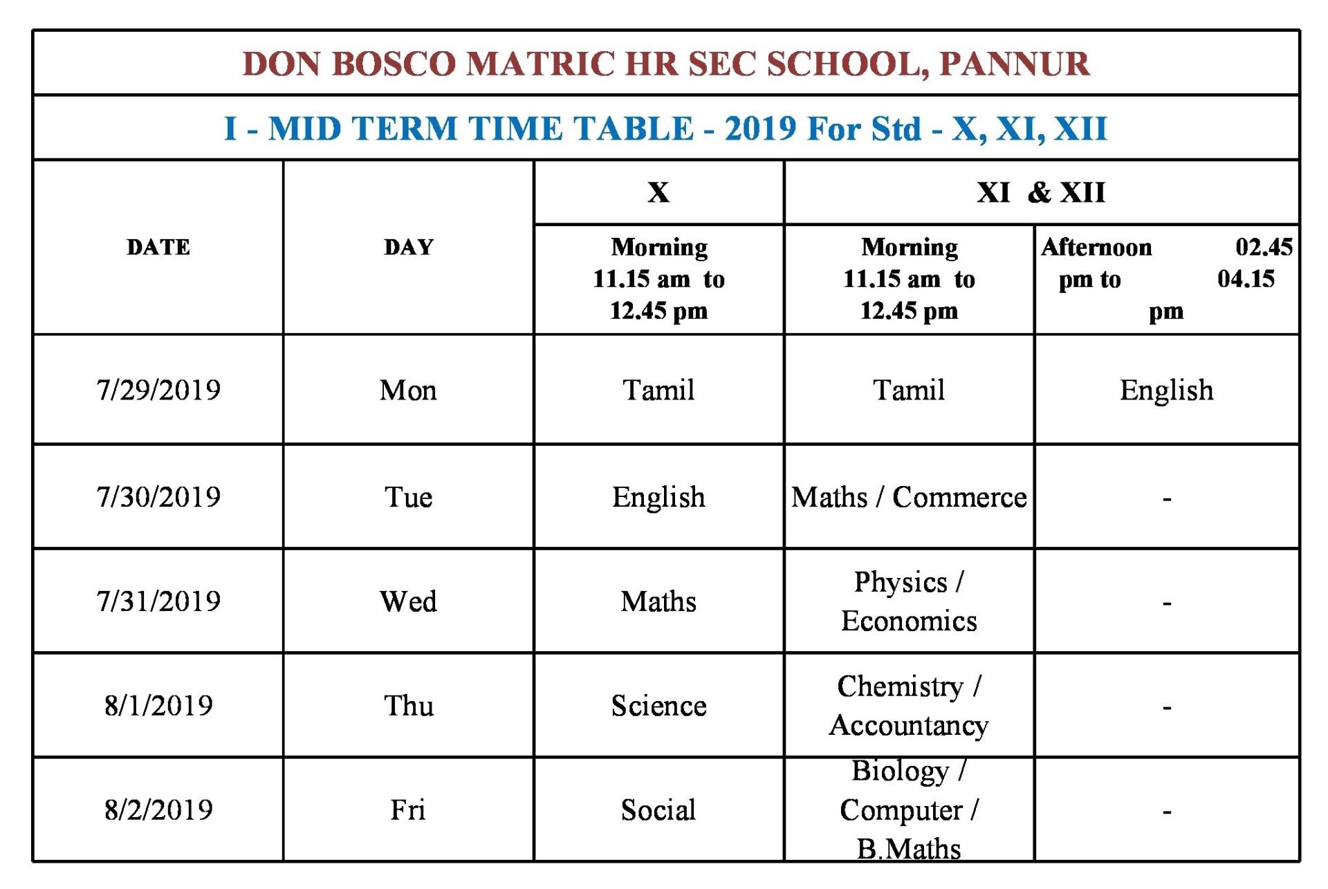 I Mid Term Time Table – 2019 – Don Bosco Matric Hr Sec School,Pannur