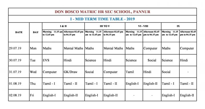I Mid Term Time Table – 2019 – Don Bosco Matric Hr Sec School,Pannur
