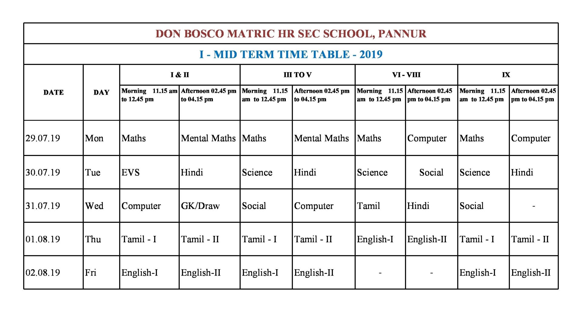 I Mid Term Time Table – 2019 – Don Bosco Matric Hr Sec School,Pannur